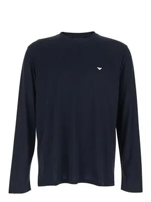Emporio Armani S Cotton-blend Crewneck T-shirt With Front Logo Embroidery - Blu