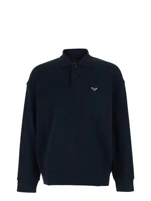 Emporio Armani S Cotton Polo-collar Sweatshirt With Logo Embroidery - Blu