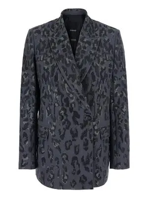 Pinko Double-breasted Jacket With Jaguar Rhinestone Embellishment And Peak Revers In Stretch Tech Fabric For - Grey