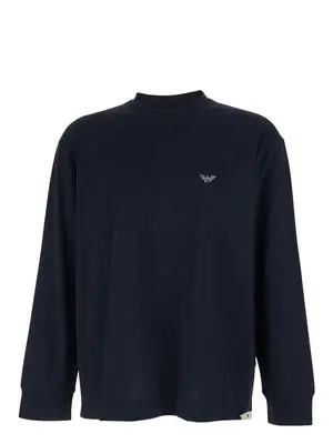 Emporio Armani S Cotton Long-sleeve Crewneck T-shirt With Front Logo Embroidery - Blu