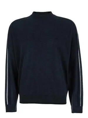 Emporio Armani Virgin Wool Crewneck Sweater With Sleeve Stripe Detail And Logo Embroidery - Grey