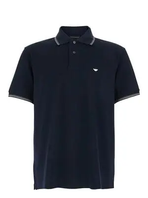 Emporio Armani Two-tone Collar Logo Embroidered Cotton Polo Shirt For - Blu