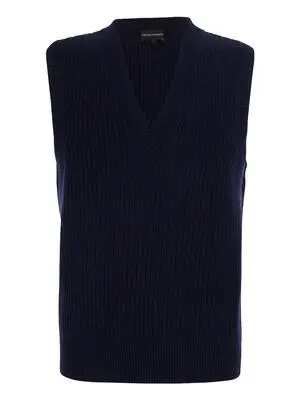 Emporio Armani S V-neck Wool & Cashmere Vest With Tone-on-tone Logo Embroidery - Blu