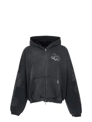 REPRESENT Cotton Hooded Zip Sweatshirt With Maxi Back And Sleeve Print - Black