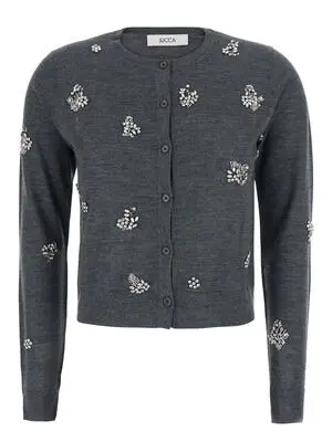 JUCCA Wool Cardigan With Floral Bead Appliqué And Button Front - Grey
