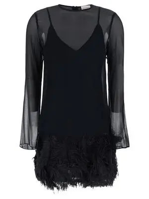 SEMICOUTURE Feather-trim Edge-detail Long Sleeve Dress - Black