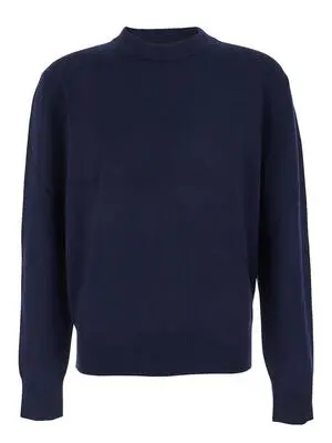 SUNFLOWER Wool Blend Dropped Shoulder Ribbed Crew Neck Sweater - Blu
