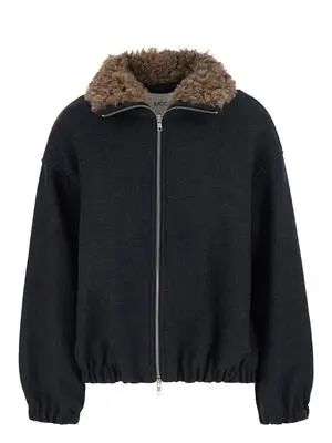 JUCCA Wool Blend Bomber Jacket With Fur Collar And Dropped Shoulders - Grey