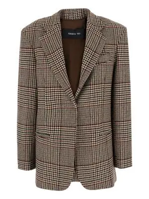 Federica Tosi Prince Of Wales Wool-blend Single-breasted Blazer Jacket With Oversized Fit - Multicolor