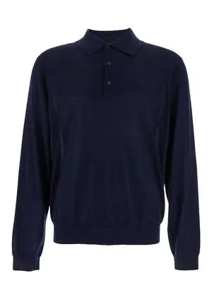 SUNFLOWER Classic Collar Wool Long-sleeve Polo Shirt With Ribbed Trims - Blu
