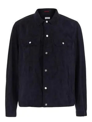 Brunello Cucinelli Suede Jacket With Classic Collar And Front Pockets - Blu