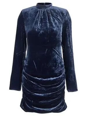 ROTATE BY BIRGER CHRISTENSEN Velvet Mini Dress With High Neck, Long Sleeves & Rear Zip Closure - Blu