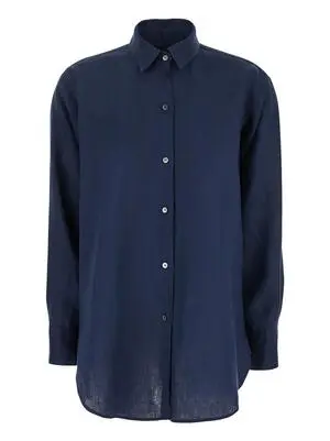 LEPLAIN Linen Button-up Shirt With Classic Collar And Relaxed Long Sleeves - Blu