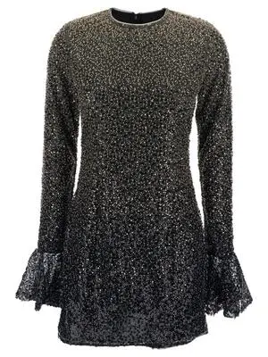 ROTATE BY BIRGER CHRISTENSEN Beaded Crewneck Midi Dress With Flared Hems And Back Zip - Metallic