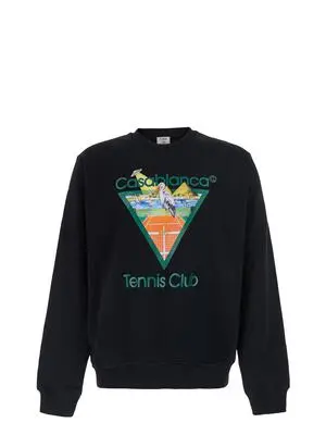 Casablanca Cotton Crewneck Sweatshirt With Chest Logo Print And Ribbed Hems - Black