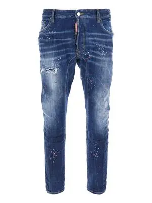 Dsquared2 Tidy Biker Blue Jeans With Paint Embellishments And Rear Logo Patch - Blu