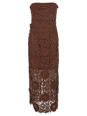 ROTATE BY BIRGER CHRISTENSEN Off-shoulder Tech Fabric Midi Dress With All-over Floral Embroidery - Brown