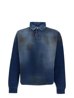 Dsquared2 Cotton Sweatshirt With Polo-style Collar, Faded Effect & Button Placket - Blu