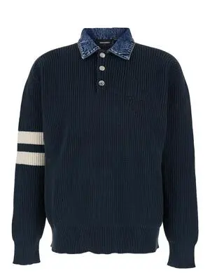Dsquared2 Denim-collar Logo Embroidered Cotton-blend Sweater With Striped Sleeve Detail - Blu