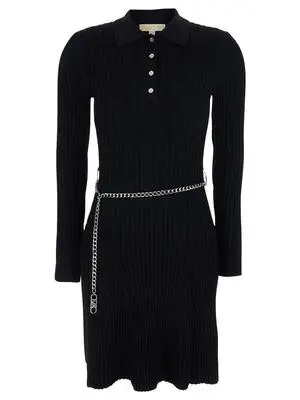 Michael Kors Knit Polo Collar Flared Mini Dress With Chain Detail - Black
