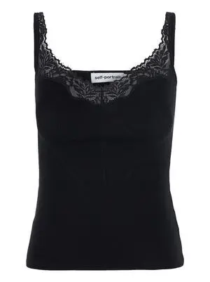 SELF-PORTRAIT Self-portrait Sleeveless V-Neck Lace Embroidered Top With Ribbed Detail