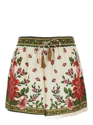 FARM RIO Farm Rio Wonder Linen-Blend Floral Print Drawstring Elastic Waist Shorts With Scallop Hem