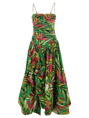 Farm Rio Farm Rio Cotton Floral Sleeveless Long Dress With Ruffled Bodice, Square Neckline & Flared Skirt Multicolor