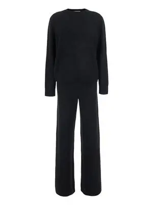 Soft Goat Cashmere Set For With V-neck Sweater And Elastic Waist Pants - Black