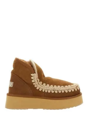 Mou Mini Eskimo Logo Patch Leather & Suede Ankle Boots With Platform And Slip-on - Brown