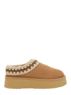 Mou Suede Flat Mules With Braided Detail And Faux Fur Lining - Beige
