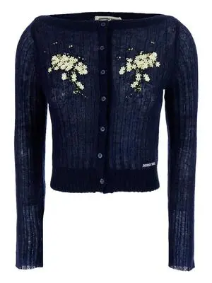 SHUSHU/TONG Floral Beaded V-neck Button Cardigan With Mohair & Wool Blend - Blu