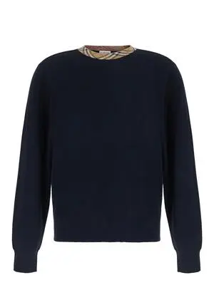 Burberry Wool Crew Neck Sweater With Check Motif At The Neck - Blu