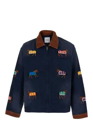 FOUND Lariat Horse Embroidered Work Jacket With Classic Collar And Side Pockets - Blu