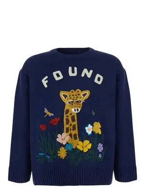 FOUND Wildlife Knit Sweater With Round Neck And Long Sleeves - Blu