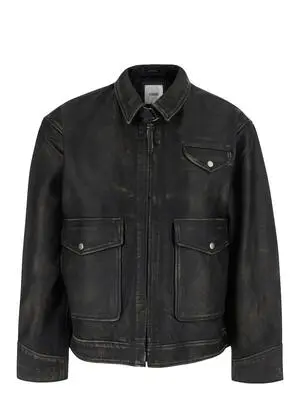 FOUND Foundry Leather Jacket With Classic Collar, Halfbelt & Zip Front - Black