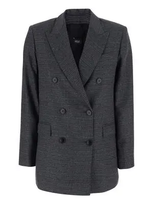 LEPLAIN Double-breasted Wool-blend Blazer Jacket With Peak Revers And All-over Check Motif - Grey