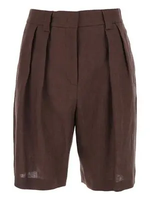 LEPLAIN Linen Front Pleated Bermuda Shorts With Belt Loops - Brown