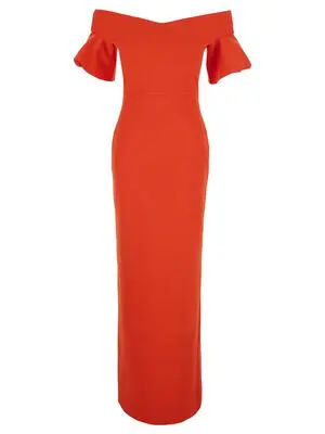 Solace London Off-shoulder Tech Fabric Long Dress With Hidden Back Zip Closure - Red