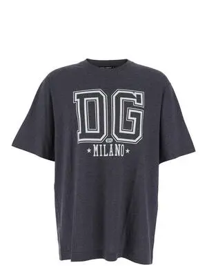 DOLCE E GABBANA Crewneck T-shirt With Front Logo Print In Cotton - Grey