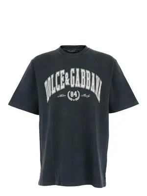 DOLCE E GABBANA Crewneck T-shirt With Front Logo Lettering Print - Grey