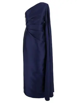 Solace London Tech Fabric Long Dress With Asymmetric Neckline And Draped Sleeveless Design - Blu