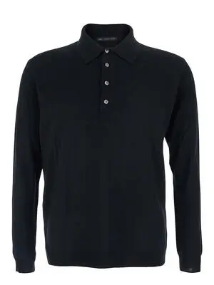 LOW BRAND Low-profile Polo Collar Wool Sweater With Button Front - Black