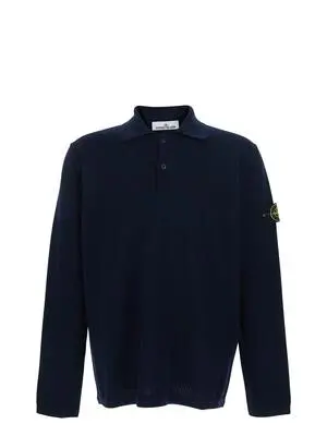 Stone Island Cotton Polo-collar Sweatshirt With Logo Patch On Sleeve For - Blu