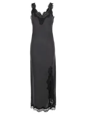 Gold Hawk Long Lace Dress With Spaghetti Straps And Embroidered Front Neckline - Grey