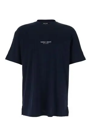 Giorgio Armani S Cotton Crew-neck T-shirt With Raised Collar And Front Logo - Blu