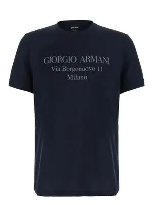 Giorgio Armani S Cotton Crew Neck T-shirt With Address Front Print - Blu