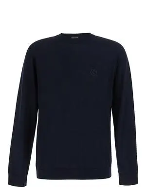 Giorgio Armani S Wool Crewneck Sweater With Front Logo Embroidery - Blu