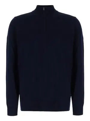 Hugo Boss Wool Half-zip Sweater With Ribbed Finishes - Blu