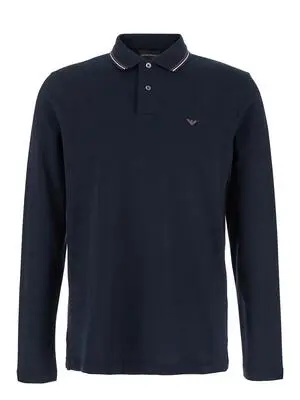 Emporio Armani S Stretch Cotton Long Sleeve Polo Shirt With Logo Embroidery - Blu