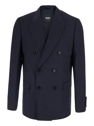 Hugo Boss Double-breasted Wool Jacket With Notched Lapels And Chest Pocket - Blu